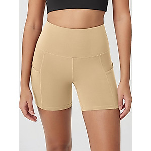 ODODOS 5" Tummy Control Biker Shorts for Women with Pockets High Waist Athletic Workout Yoga Shorts, Beige, X-Large
