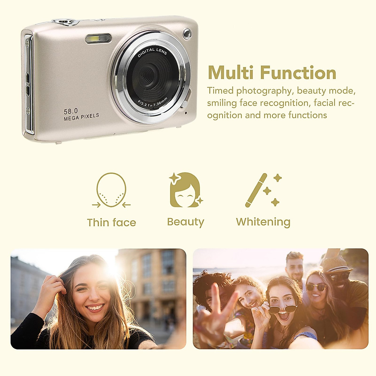 Digital Camera for Kids, 4K 1080P Digital Camera Video Camera 16X Digital Zoom, Compact Point and Shoot Camera Portable Small Camera for Teens Students Seniors, Gifts (Gold)