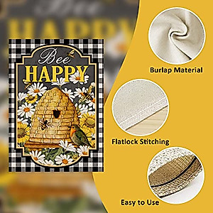 Covido Home Decorative Bee Happy Spring Garden Flag, Daisy Flowers Bird House Yard Buffalo Plaid Check Hive Sunflower Honeycomb Outside Decoration, Summer Farmhouse Outdoor Small Burlap Decor 12 x 18