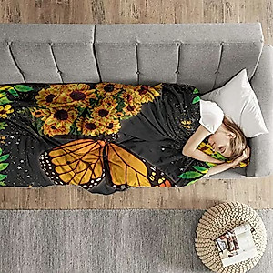 Throw Blanket Sunflower Butterfly Flannel Fleece Blanket, Comfy Throw Blanket Lightweight Sunflower Butterfly Blanket for Bed, Soft Fluffy Blanket for Aldults Women Men Valentines Day- 60x50 Inches