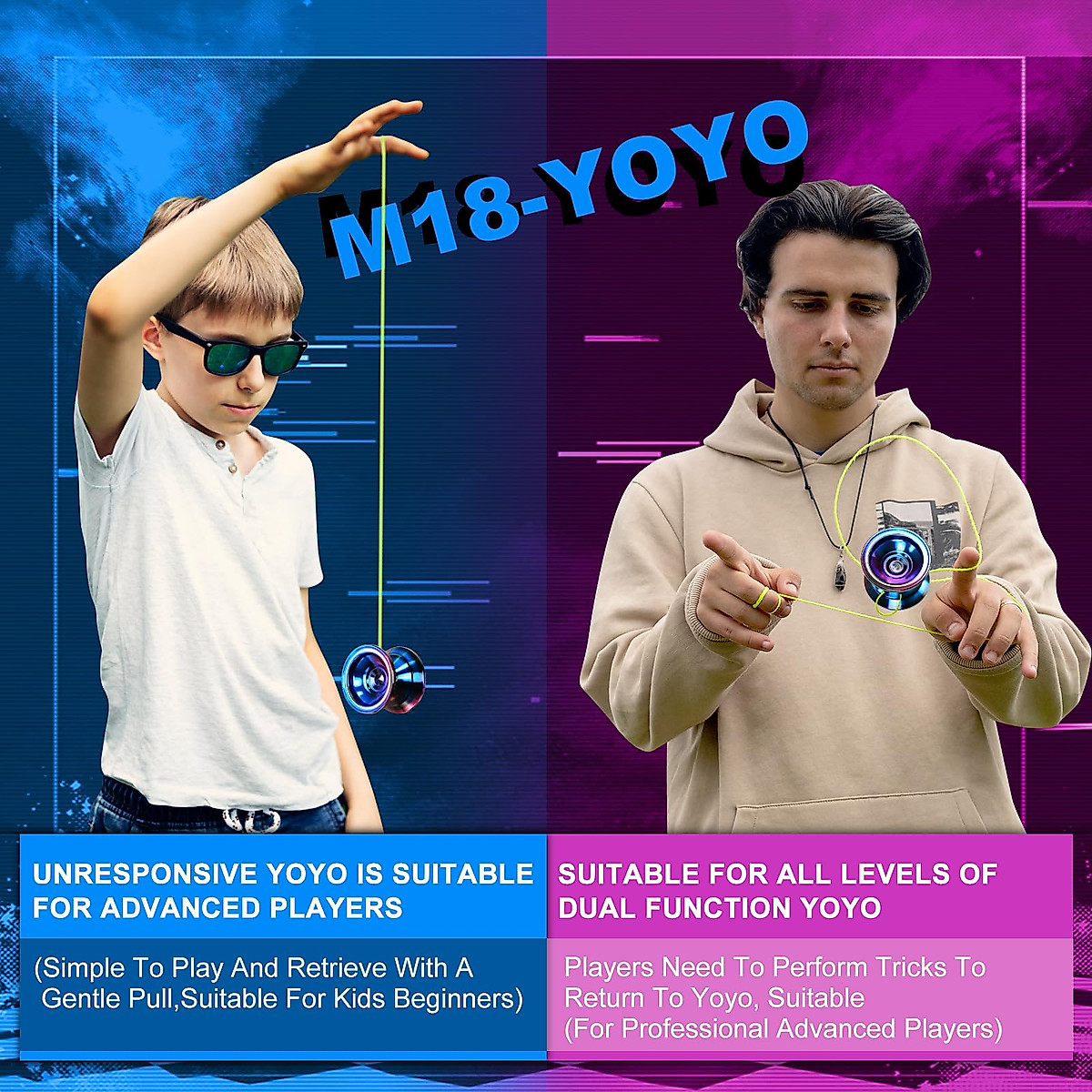 WATIEOBOO yoyo M18 Professional Metal Trick Yoyo Responsive & Unresponsive yoyos for Kids 8-12 and Adults yoyo, with Bearing Kit, 10 Strings, Case & Gloves 6061 Aluminum Alloy yo-yo