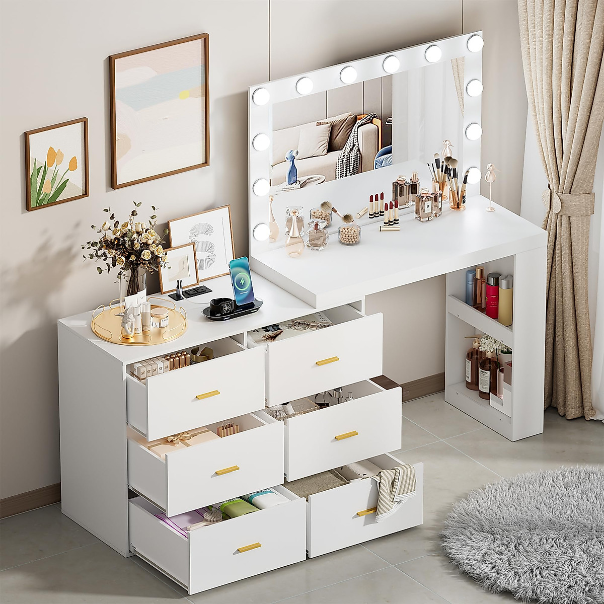 PakaLife Makeup Vanity with Mirror and 3-Color Lights, Vanity Desk Dressing Table with Charging Station,6 Drawers,Side 2 Storage Shelves for Bedroom,White