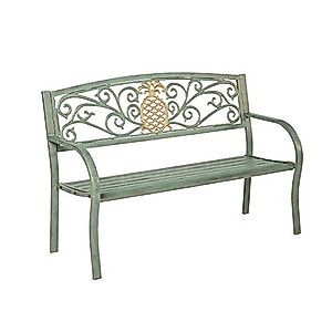 Plow & Hearth Weatherproof Pineapple Outdoor Bench | Holds Up to 300 lbs | Garden Patio Porch Park Deck | Metal | Green