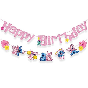 Pink Birthday Banner, Cartoon Happy Birthday banner Pink Cute Party Decoration for Girls Kids Birthday Party Baby Shower Cartoon Sign Decorations