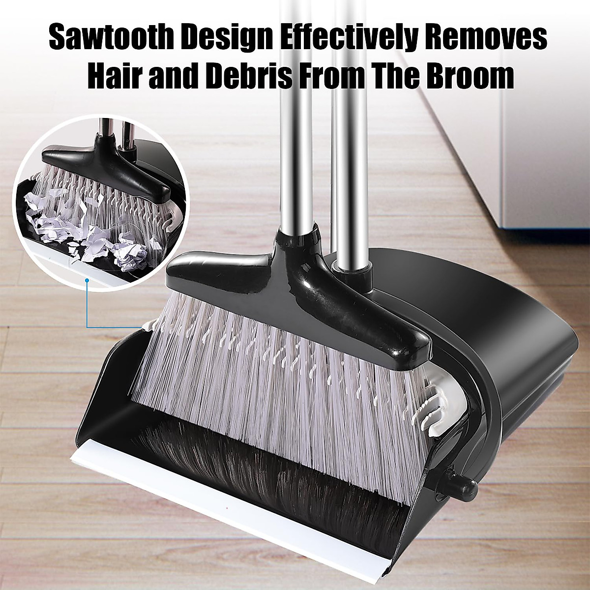Broom and Dustpan Set with Long Handle, Windproof Stand Up Dustpan with Broom Combo for Home Kitchen Room Office Lobby Floor Use (Black&Grey, 45.3IN)