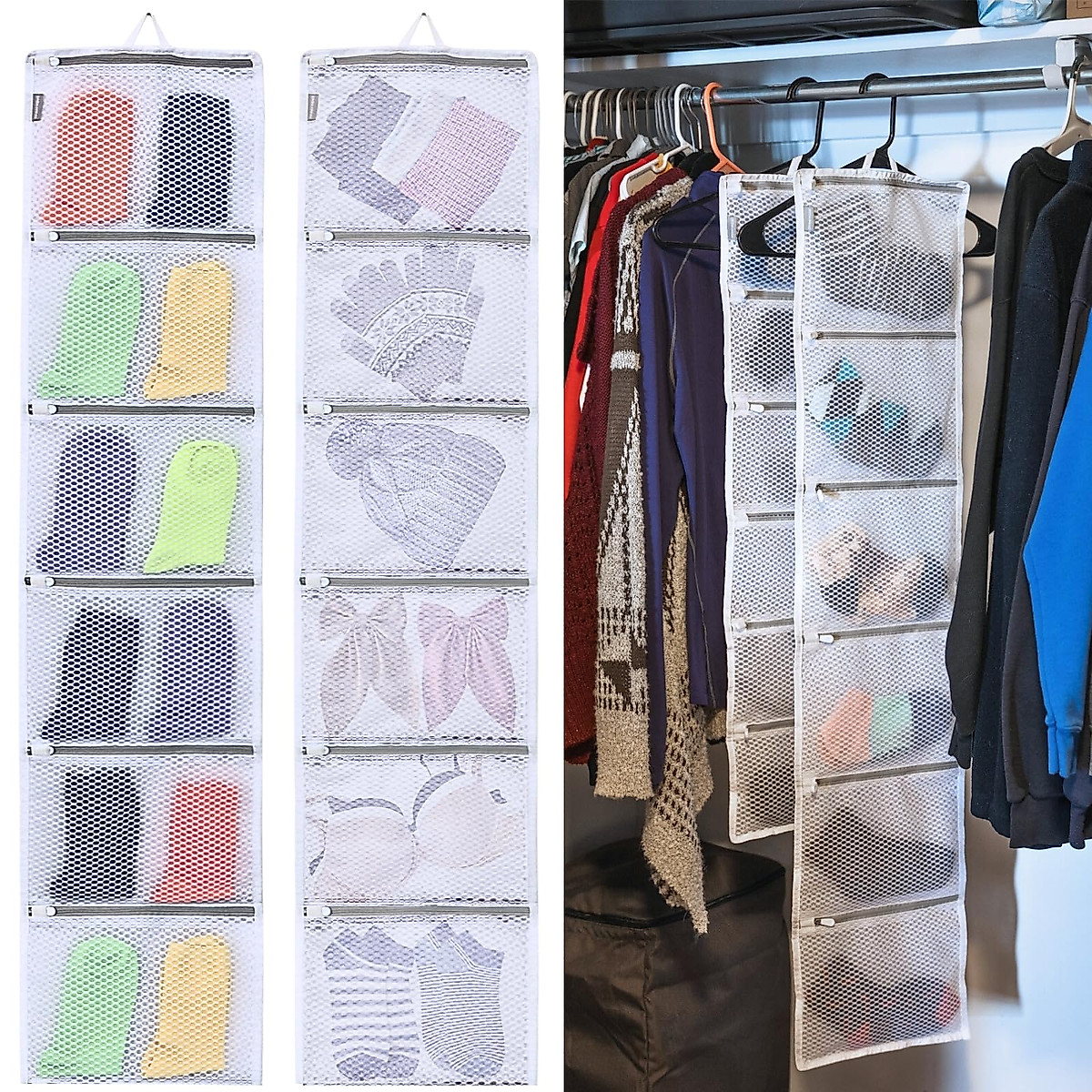 Hanging Closet Organizer with Pockets, 2-Pack Sock Organizers for Washing and Drying, Storage Bags can Organize Socks, Bra Underwear Underpants and Scarves Gloves, Hanging Travel Organizer