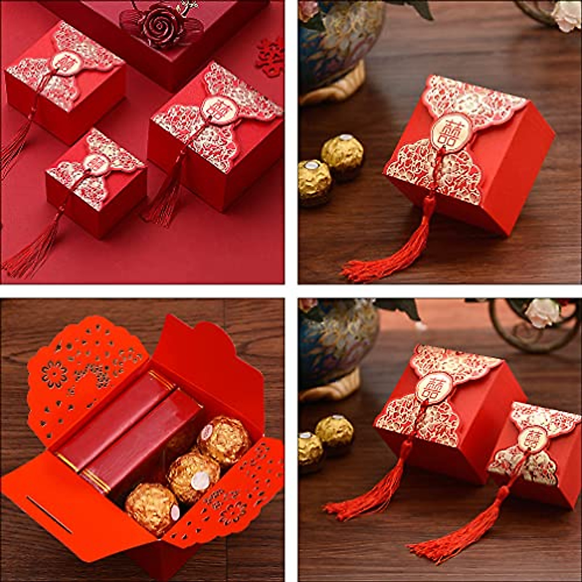 KESYOO 20pcs Wedding Party Favor Boxes Chinese Style Xi Candy Chocolate Gift Boxes with Tassels for Wedding Baby Shower Birthday Party (Red) M