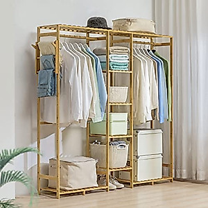 MoNiBloom Bamboo Clothes Rack with Double Rods and Storage Shelves Free Standing Open Wardrobe Rack for Hanging Clothes and Storage for Bedroom Living Room, Natural