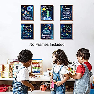 Dinosaur Outer Space Education Number Alphabet Posters Wall Art Prints,Planet Rocket UFO Painting for Nursery Kids Bedroom Classroom Decor Baby Kids Room Decorations,Set of 6(8''x10''inches, Unframed).