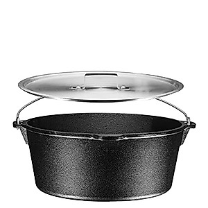 Bruntmor 2-in-1, 9 Quart Pre-seasoned Cast Iron Dutch Oven Kitchen Utensils Set With Handle And Deep Fry Basket With Stainless Steel Lid Skillets | All-in-One Camping Cookware Pots And Pans Set.