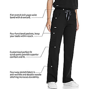 COMENII Scrubs for Women, Mid Rise Straight Leg Cargo Scrubs Pants with Flat Stretch Knit Yoga Waistband, Anti-Wrinkle Medical Scrubs Pants for Women(Black M-1)