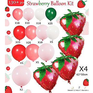 Red Pink Green Strawberry Balloon garland arch kit 130pcs with large mylar berry balloon for Sweet One baby girl fruit theme Berry first 1st Birthday Party Decorations