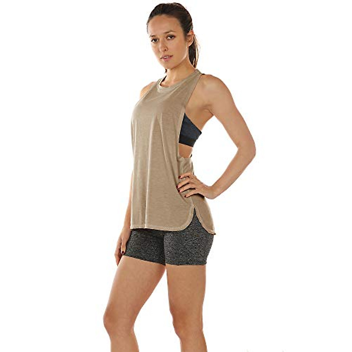 icyzone Workout Tank Tops for Women - Running Muscle Tank Sport Exercise Gym Yoga Tops Athletic Shirts(Pack of 3)(XL,Black/Beige/Pale Blush)