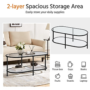 Yaheetech Glass Coffee Table, Black Small Coffee Table for Living Room, 2-Tier Modern Center Tea Table with Storage Shelf for Small Space, Apartment
