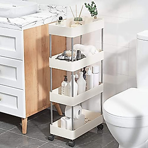 UDEAR Slim Storage Cart,4-Tier Mobile Shelving Unit Rolling Utility Cart for Bathroom, Office,Laundry Room,Kitchen, Narrow Place,White