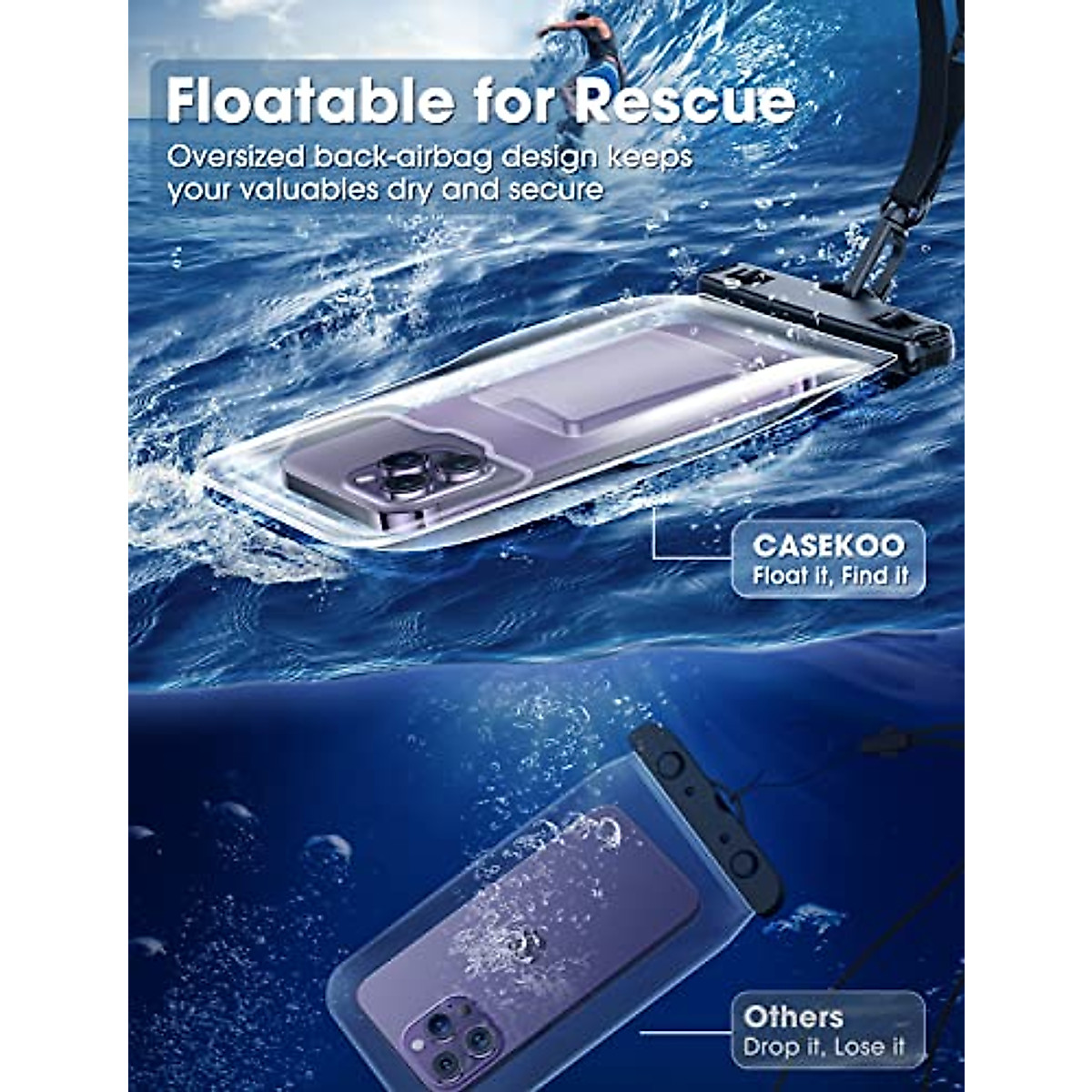 CASEKOO [Never Leak & Anti-Lost] Floating Waterproof Phone Pouch [Ultra Large Back-air Bag] 115FT Water Proof Cell Phone Case for iPhone 14/13/12 Pro Max Samsung S23/S22 Ultra Up to 8''Black