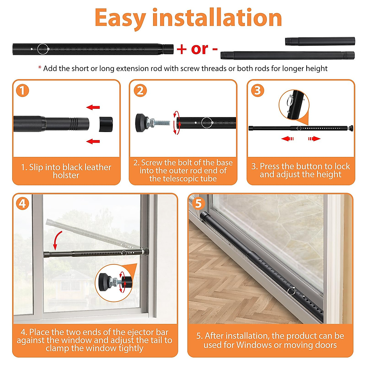 BsBsBest Sliding Door Security Bar Inside 2 Pack Adjustable 18 to 51 Inch Window Security Bar Interior Black Window Locks Security up and Down Window Bars Security Extendable