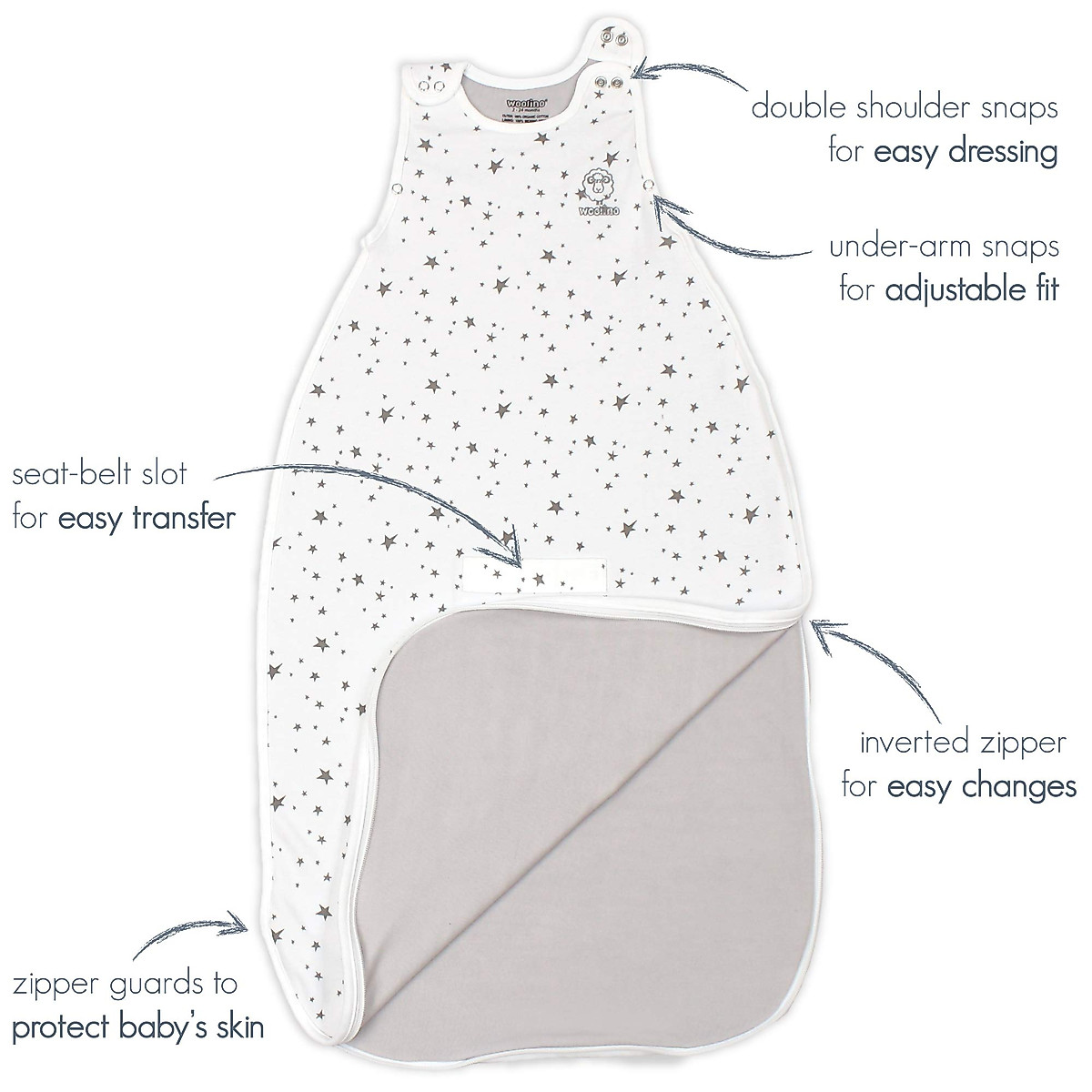 Woolino Toddler Sleeping Bag, 4 Season, Merino Wool and Organic Cotton Baby Wearable Blanket, 2-4 Years, Lilac