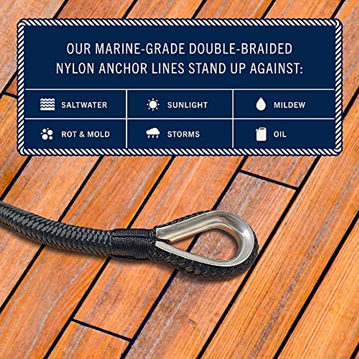 Rainier Supply Co. Boat Anchor Line - 100 ft x 1/2 inch Anchor Rope - Double Braided Nylon Anchor Boat Rope with 316SS Thimble and Heavy Duty Marine Grade Snap Hook - Black