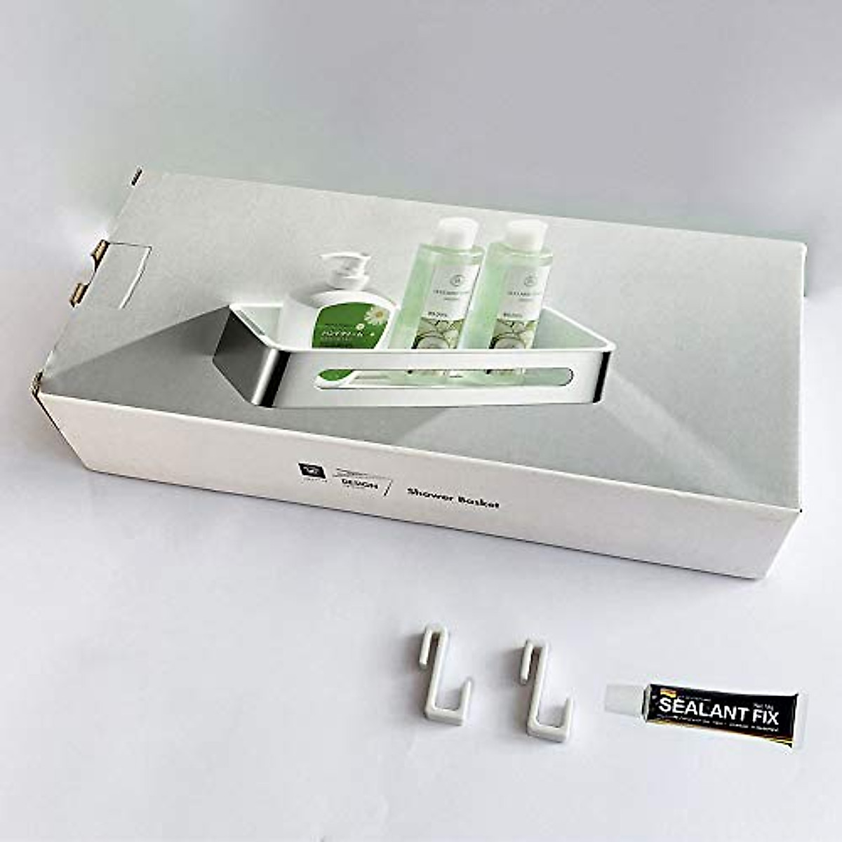 Mihom Shower Caddy Basket Rectangle Shelf With Hooks for Hanging Sponge, With two install ways for customers option of No Drilling holes Wall Mounted Bathroom Shelves, SUS304 Stainless Steel