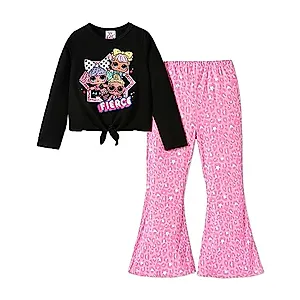 L.O.L. Surprise! Girls 2 Piece Outfits Tie Knot Long Sleeve Tee Top and Heart Pink Bell Bottom Flared Pants Set Black 5-6 Years