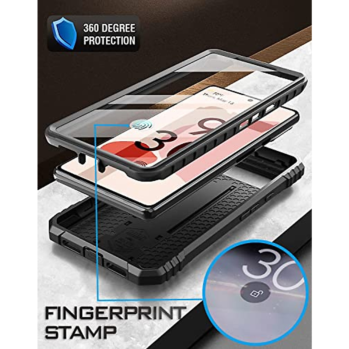 Poetic Revolution Case for Google Pixel 6 5G, Built-in Screen Protector Work with Fingerprint ID, Full Body Rugged Shockproof Protective Cover Case with Kickstand, Black