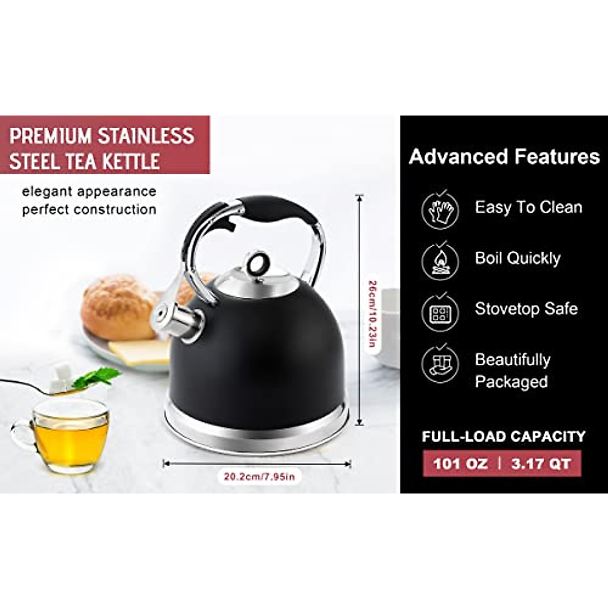 Tea Kettle - HIHUOS 3.17QT Whistling Tea Pots for Stove Top - Sleek 18/8 Stainless Steel Stovetop Kettle, Easy-grip Handle With Trigger Opening Mechanism, 1 Free Silicone Pinch Mitt Included (Black)