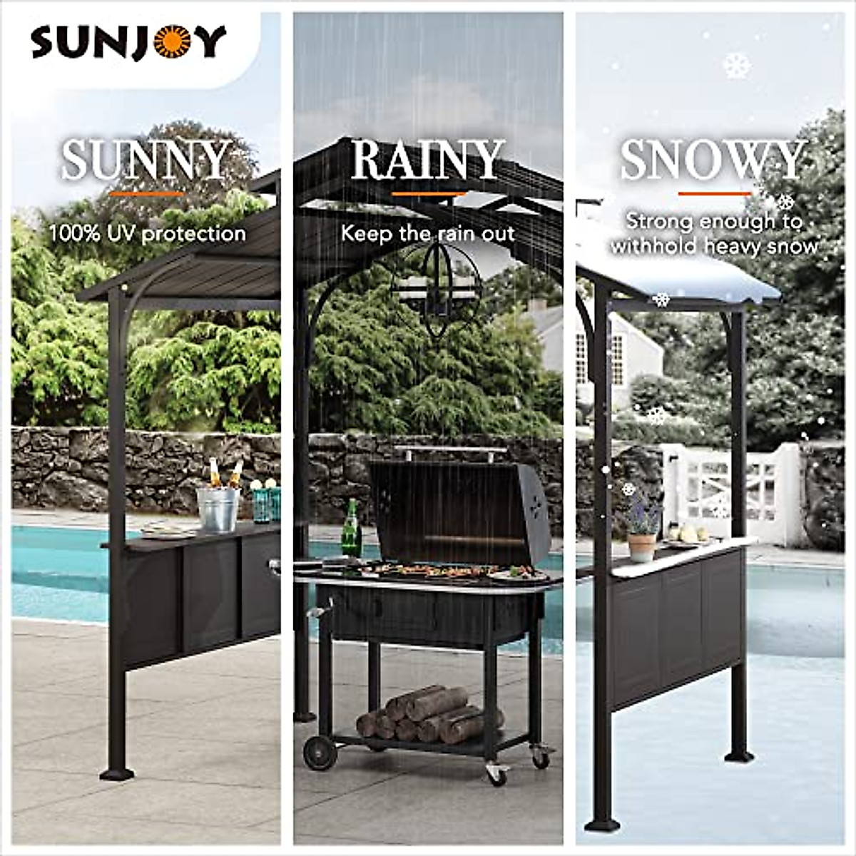 Sunjoy Grill Gazebo 5 ft. x 8 ft. Brown Steel Frame Double Tiered Hardtop Gazebo with Ceiling Hook and Shelves