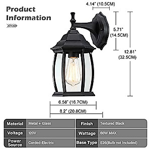Pia Ricco Outdoor Wall Lights, Textured Black Exterior Light Fixtures with Clear Glass Shade, Waterproof Front Porch Lighting, Modern Sconces Lantern for Outside, House, Garage, E26 Socket, ETL Listed