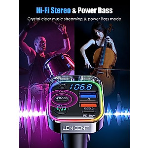 LENCENT Bluetooth 5.3 FM Transmitter,PD 30W & QC3.0 Fast Charger Bluetooth car Adapter,Hi-Fi Music/Clear Calling car FM Bluetooth Adapter