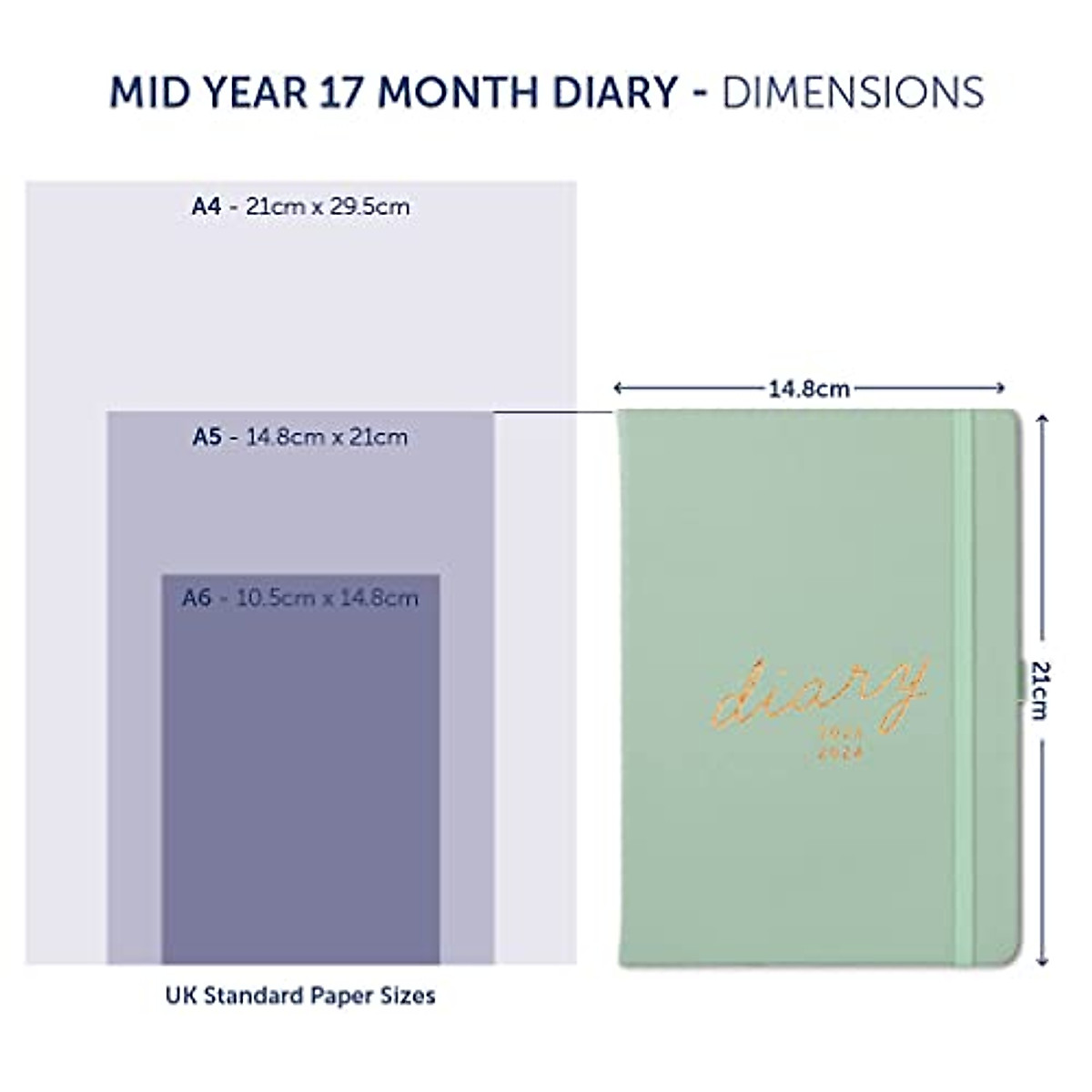 Busy B Mid Year 17 Month Diary August 2023 - December 2024 - Sage - Faux Leather Academic Diary with Week to View Planner with Pen Holder, Elastic Closure and Storage Pockets