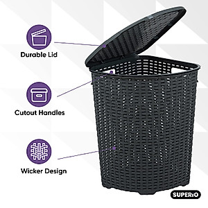 Superio Corner Laundry Hamper Basket With Lid 50 Liter - Grey Wicker Hamper - Durable, Lightweight Bin With Cutout Handles, Storage Dirty Cloths Curved Shape Design Fits Bathroom, Door and Closet