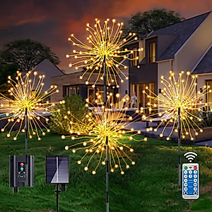 Tielreala Solar Firework Lights 4 Pack 480 LED Fireworks Solar Lights Outdoor with Remote,8 Lighting Modes DIY Solar Garden Lights for Garden Pathway Yard Decor Christmas (Warm White)