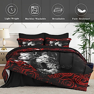 Pinbeam 7 Pcs Comforter Set King Size, Lion Animal African Bed in a Bag with Flat Sheet and Fitted Sheet for Kids and Adults, Red Rose Flowers Bedding Set with 2 Pillowcases & 2 Shams