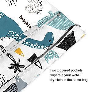 KEEPREAL 2Pcs Travel Wet and Dry Bag, Reusable Wet Bags Organizer with Two Zippered Pocket for Cloth Diaper, Swimsuit, Gym Clothes，Dino Scandinavian Style