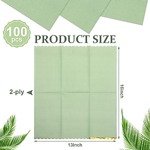 Panelee 100 Pcs Napkins with Gold Foil Scalloped Edges Napkins for Wedding Reception Disposable Cocktail Serviette for Wedding Birthday Party, 13 x 16 Inch(Sage Green)
