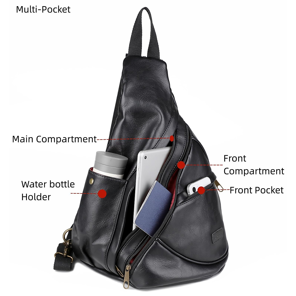 Baosha Leather Sling Bag Small Crossbody Backpack Casual Daypack Outdoor Cycling Hiking Backpack XB-10 (Black)