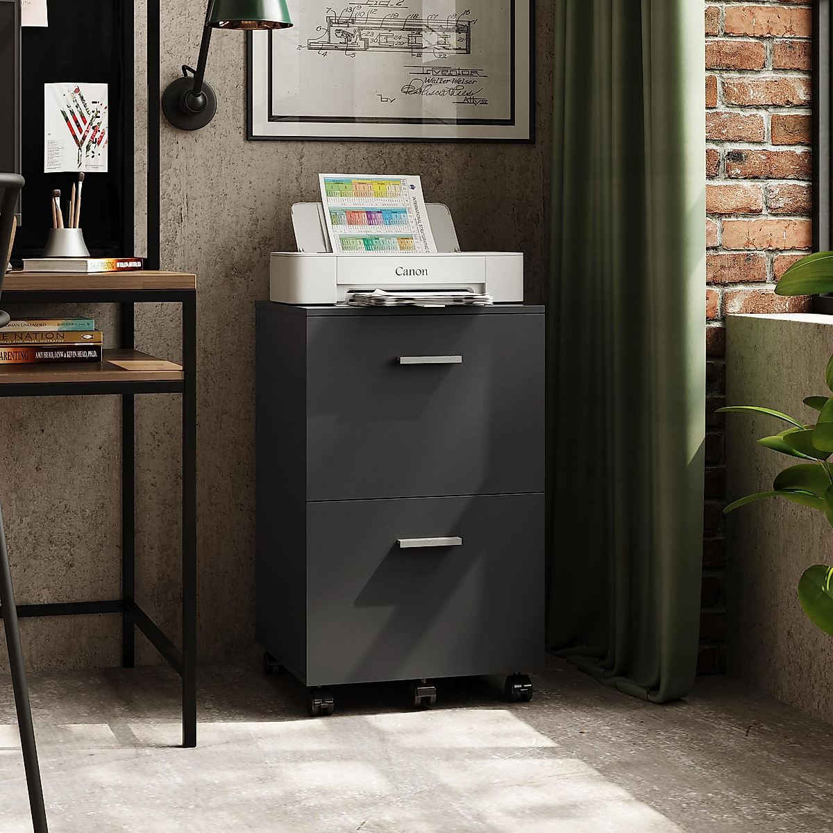 DEVAISE 2 Drawer File Cabinet, Mobile Printer Stand, Wood Filing Cabinet fits A4 or Letter Size for Home Office, Black