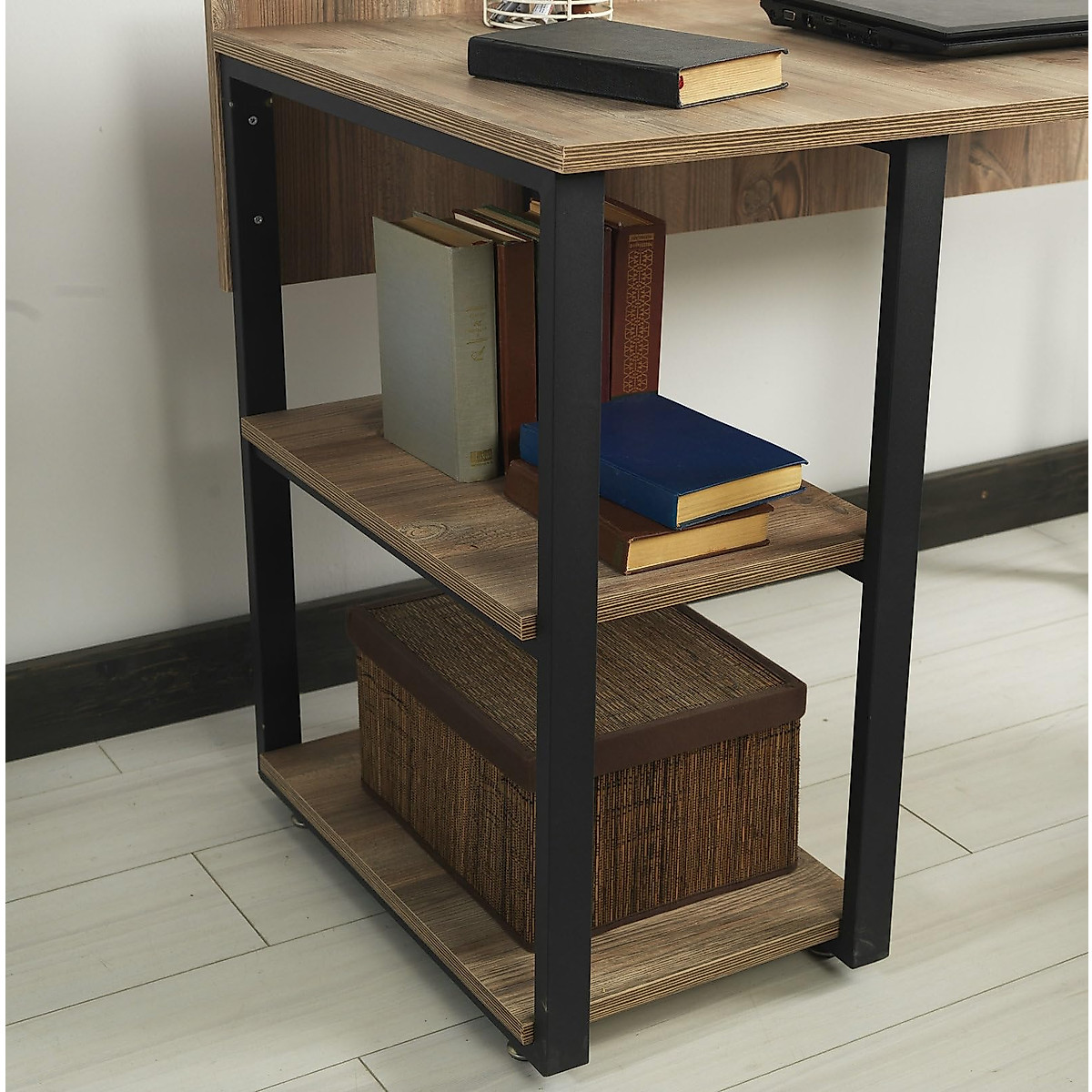 Aienid Solid Wood Walnut Black Computer Desk Black Metal Frame 58" Wooden Top 2 Shelves Writing and Computer Desk for Home Office, Oak