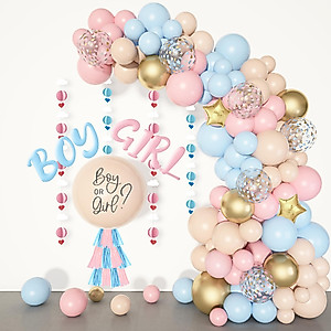 Ouddy Party Gender Reveal Decorations, Pastel Pink and Blue Nude Confetti Balloons Arch Kit Star Hanging Cloud Garland Paper Tassels He or She Boy or Girl Gender Reveal Baby Shower Party Supplies