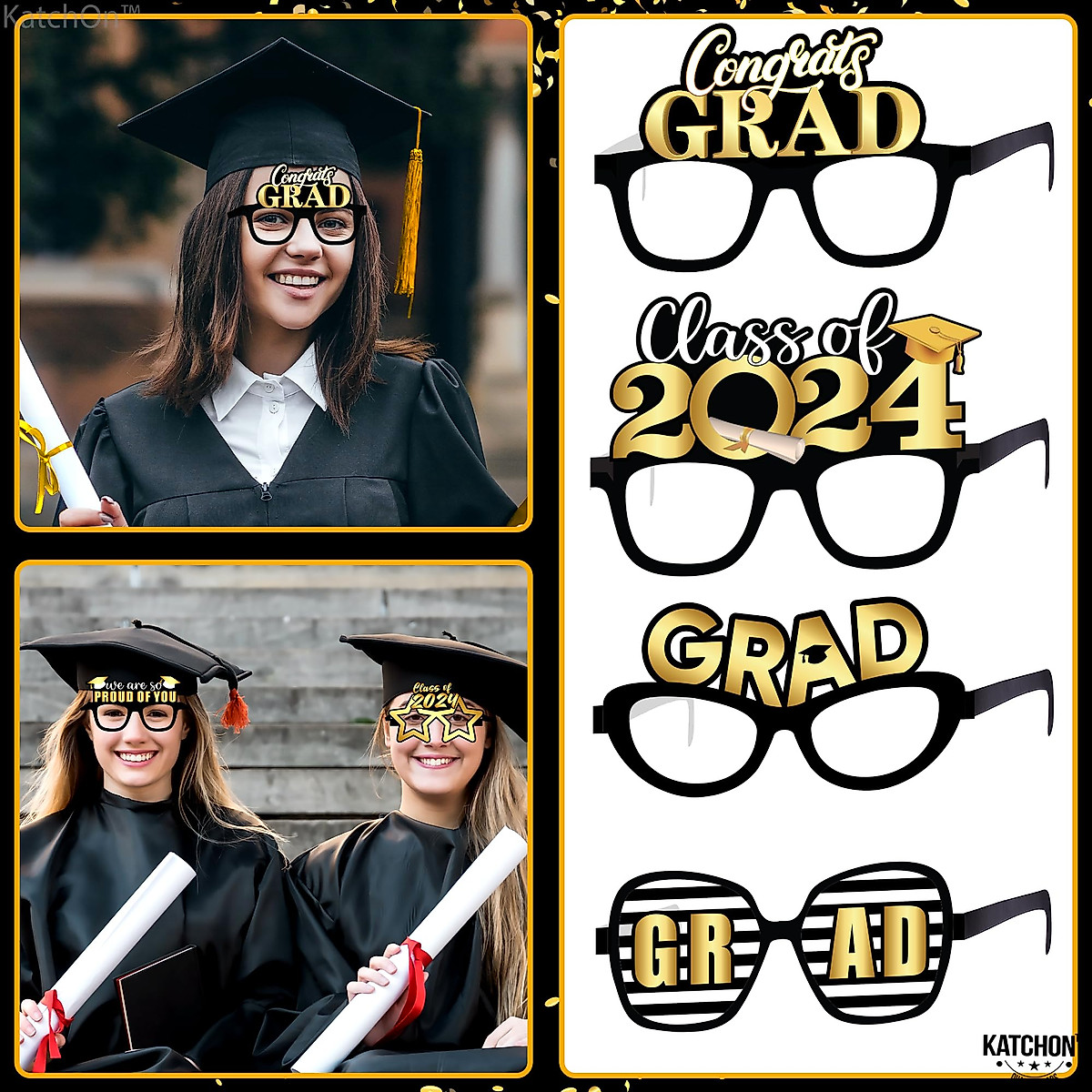 KatchOn, Black and Gold Graduation Glasses 2024 - Pack of 20 | Graduation Photo Booth Props for Gold Graduation Decorations Class of 2024 | Graduation Party Favors, Graduation Glasses Class of 2024