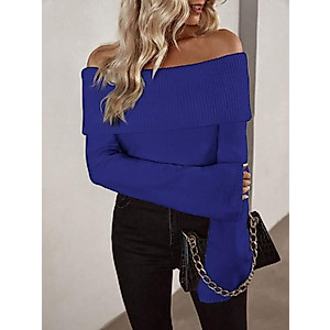 Labolliy Women Off Shoulder Fold Over Long Sleeve Sweaters Casual Solid Ribbed Knit 2023 Fall Pullover Jumper Tops Royal Blue