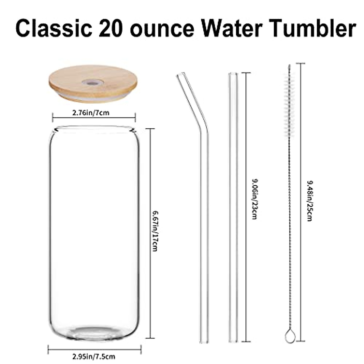 8 Pack 20oz Drinking Glasses Iced Coffee Cups Glass Beer Cups Tumbler Glass with Bamboo Lids and Straws Glasses Cups Can Shaped Glass Gups Large Drinking Can Cups for Smoothies Boba Juice Soda Tea