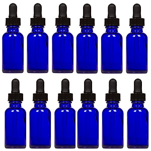 Cobalt Glass Bottles with Eye Droppers (1 oz, 12 pk) For Essential Oils, Colognes & Perfumes, Blank Labels Included