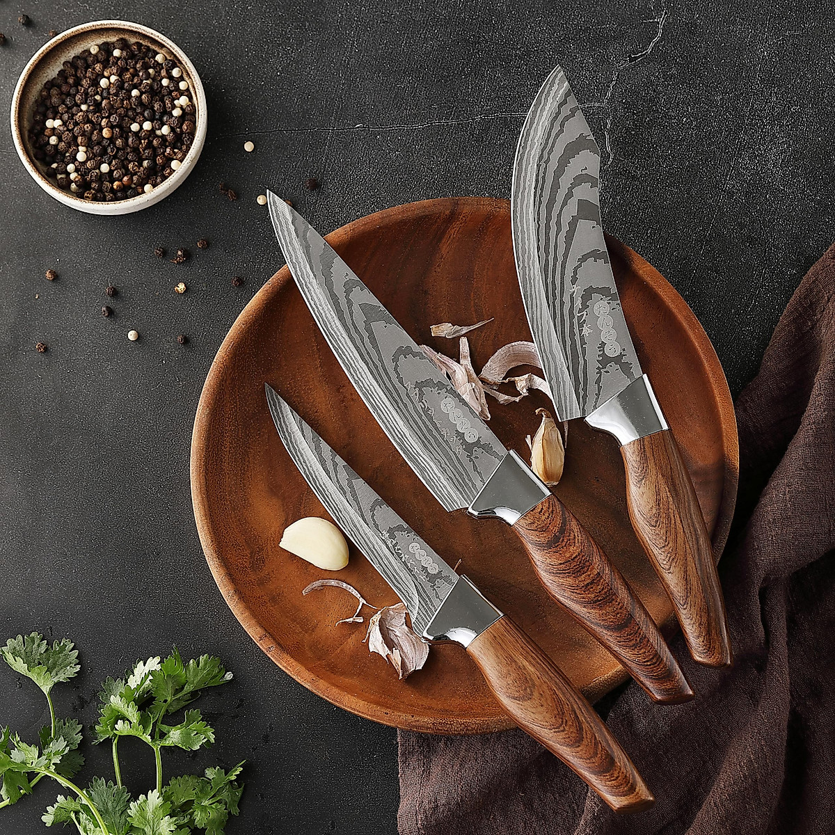 3PCS Japanese Kitchen Knife Set, Kaloo Japanese Knives, 7inch Chef knife, 7inch Cleaver knife, 6inch Boning knife and 3 Matched Knife Sheath, Stainless Steel Blade with Ergonomic Plastic Handle