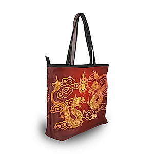 Golden Dragons Tote Bag Aesthetic, Large Capacity Zipper Women Grocery Bags Purse for Daily Life 2 Sizes