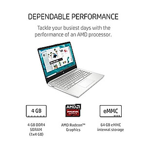 HP 14 Laptop, AMD 3020e, 4 GB RAM, 64 GB eMMC Storage, 14-inch HD Display, Windows 10 Home in S Mode, Long Battery Life, Microsoft 365, (14-fq0070nr, 2020)