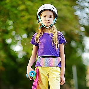 QtGirl Fanny Pack for Kids, Glitter Waist Bag Shiny Bags with Adjustable Belt for Children Sport Running, Camping, Trip