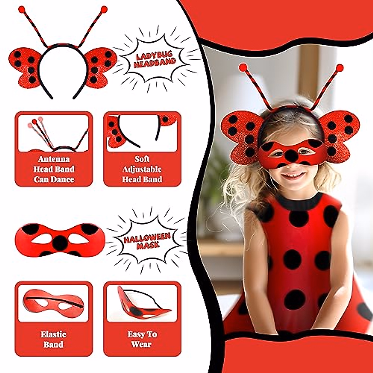 INNOCHEER Ladybug Costume for Girls 2-10, Halloween Costumes for Kids Girls Ladybug Costume Toddler with Accessories Toys, M (4-5years Old)