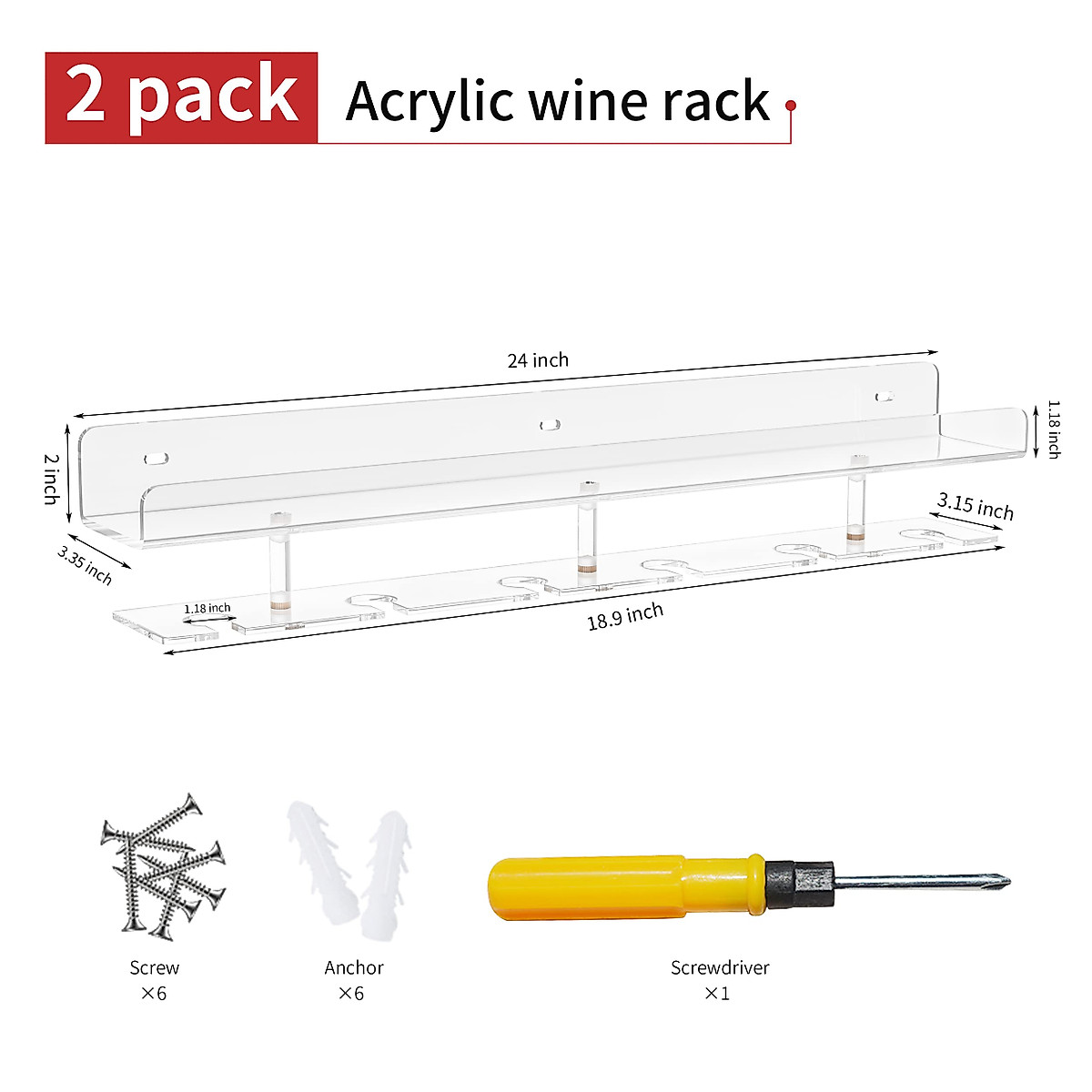 Hexsonhoma 24'' Clear Wine Glass Holder Wall Mounted 2 Pack, Acrylic Wall Bar Shelf with Removable Glasses Holder, Floating Bar Shelves for Wine Bottles, Liquor Bottles, Glasses